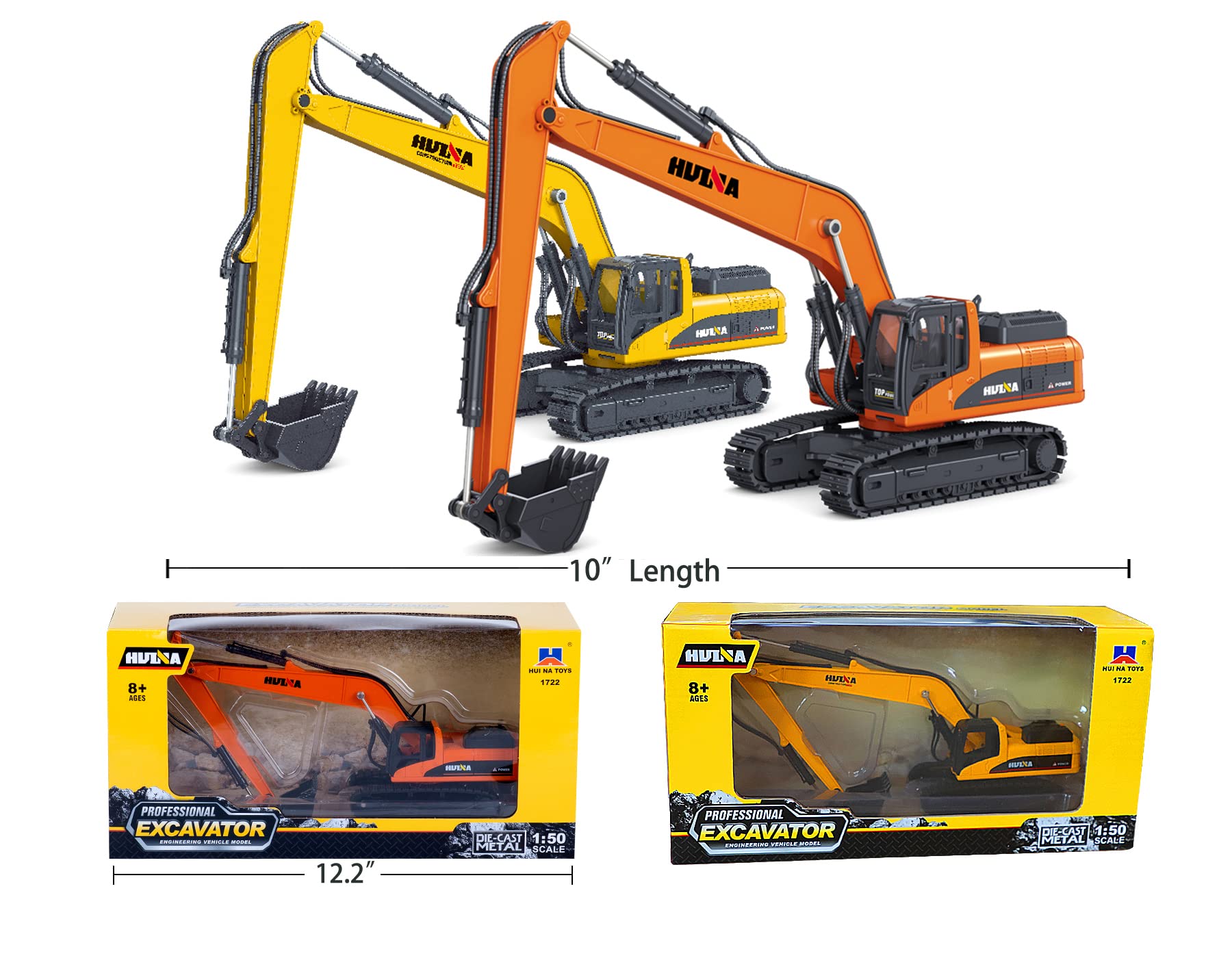 Gemini&Genius Long Reach Excavator Toy for Kids, Heavy Duty Construction Vehicle Digger Toys, 360-degree Rotatable Driver's Compartment, Multi-Jointed Movable Tracked Vehicle for Kids Gift (Yellow)