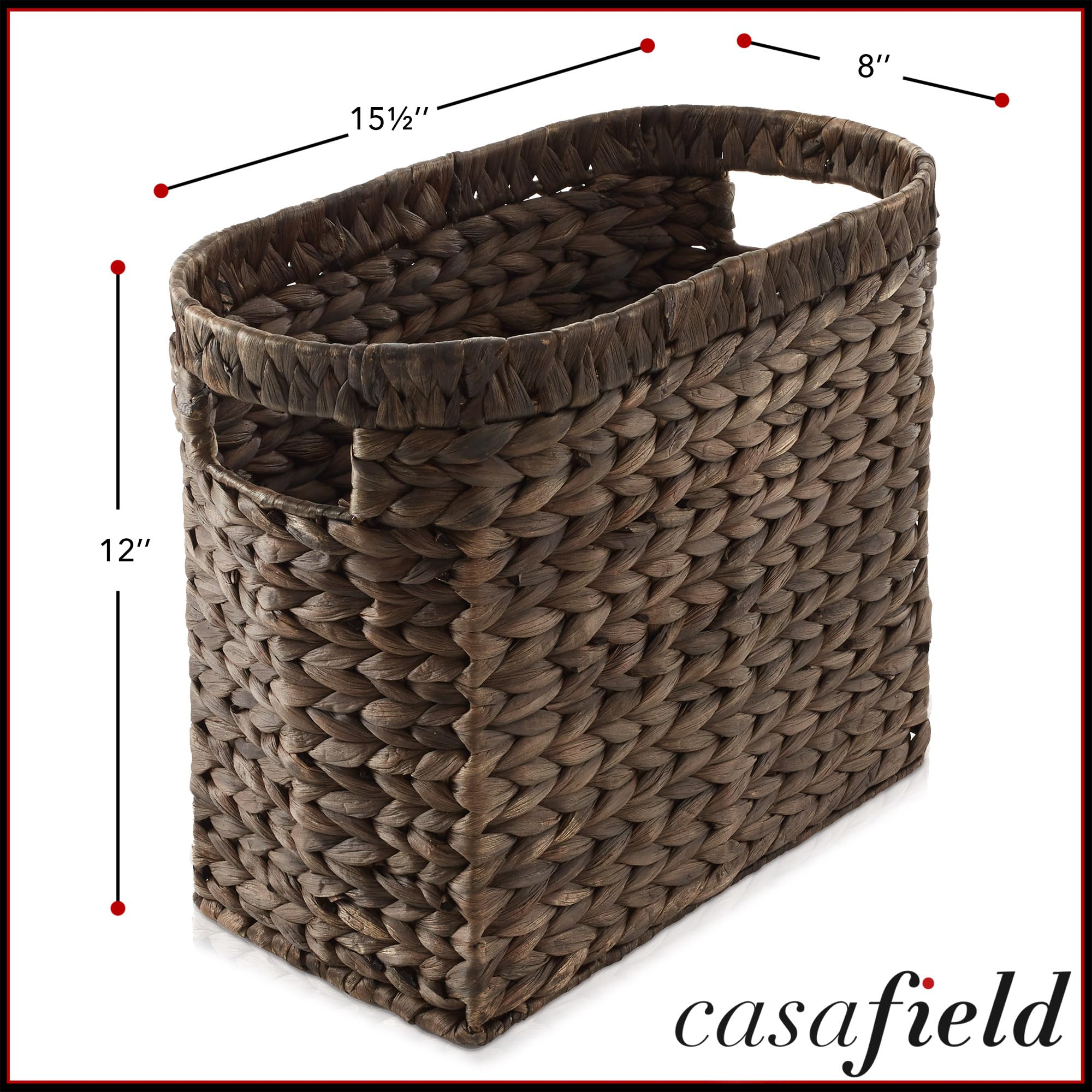 Casafield Woven Magazine Holder with Handles, Espresso - Water Hyacinth Storage Basket for Bathroom, Living Room, Home Office
