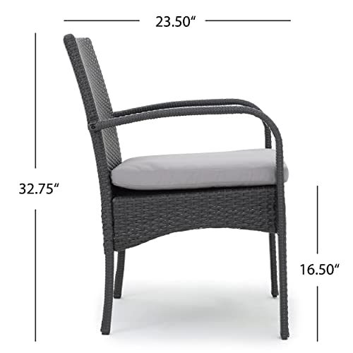 Christopher Knight Home Louise Outdoor Wicker Dining Set with Acacia Wood Table and Bench and Water Resistant Cushions, 6-Pcs Set, Sandblast Light Grey / Black Rustic Metal / Grey / Grey Cushions