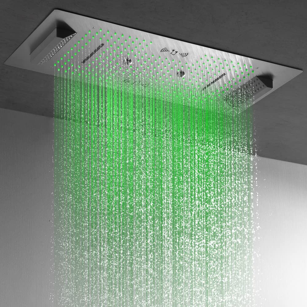 Cascada Luxury 16”x36” Music LED Shower Head with built-in Bluetooth Speakers, 4 functions (Rainfall, Waterfall, Mist Outlet & Side Rainfall) & Remote Control 64 Color Lights (Polished Gold)