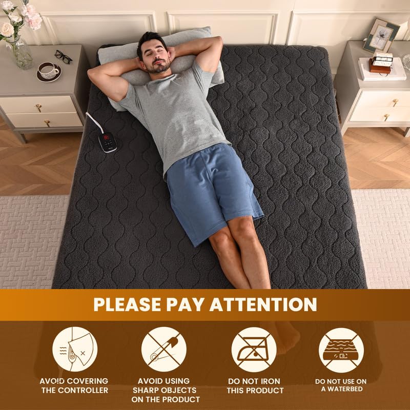 Bearhug Electric Heated Mattress Pads Full Size 54βΓ75β Sherpa Bed Warmer with 21β Deep Pocket ETL Certified Machine Washable 5 Years Warranty Gray