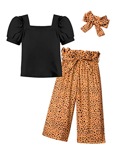 DONWEN Girls Clothes Size 7 8 Kids Clothes Girls Square Neck Short Sleeve Top + dot Wide Leg Pants Spring Summer Girls Outfit Set