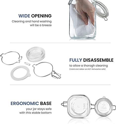 Bormioli Rocco Fido Collection, 2 Pack, 50.75 Oz. Food Storage Glass Jars, Airtight Rubber Seal & Glass Lid, With Stainless Wire Clamp, Made In Italy.