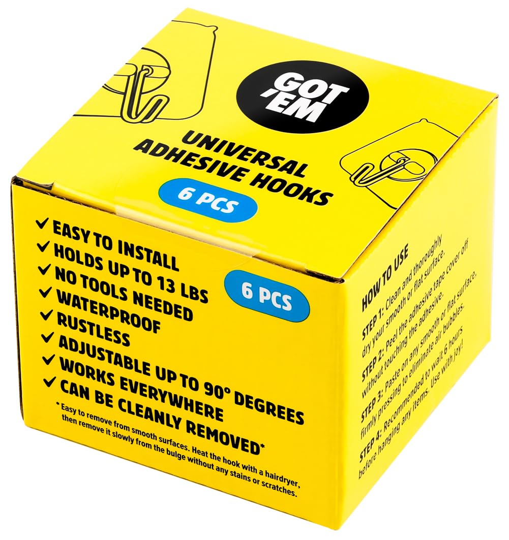 GOT 'EM Universal Adhesive Hooks Medium 6-Pack - Peel & Stick to Wall, Heavy Duty Holds 13 lbs of Towels, Coats, Picture, Plant. 90 Degree Adjust, Water Proof for Indoor/Outdoor, No Tools Needed