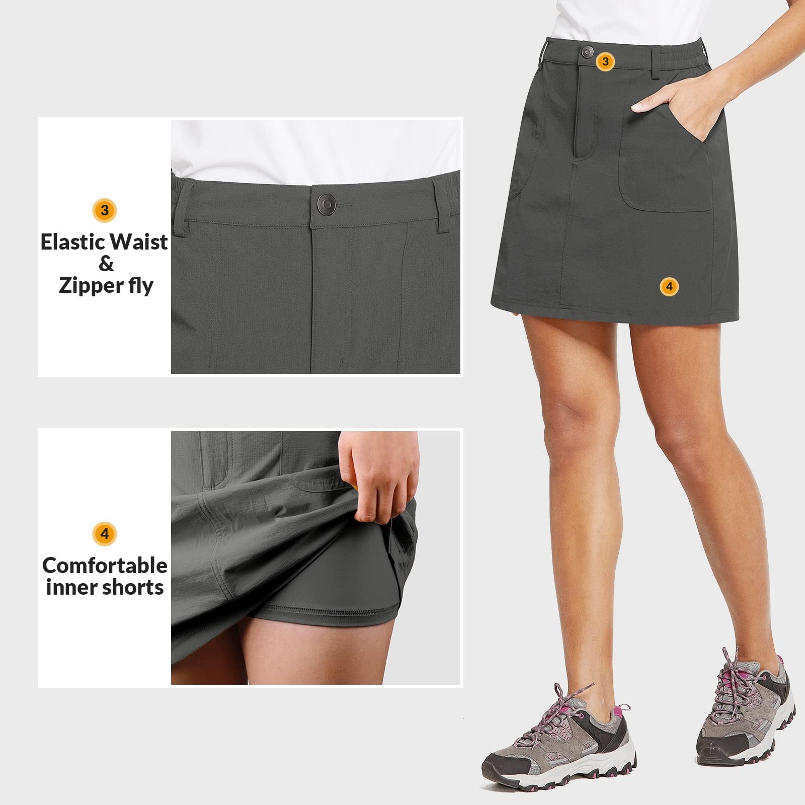 BALEAF Women's Golf Skort UPF 50 Active Athletic Skort Casual Skort Skirt with Zip Pockets Hiking Outdoor Deep Gray M
