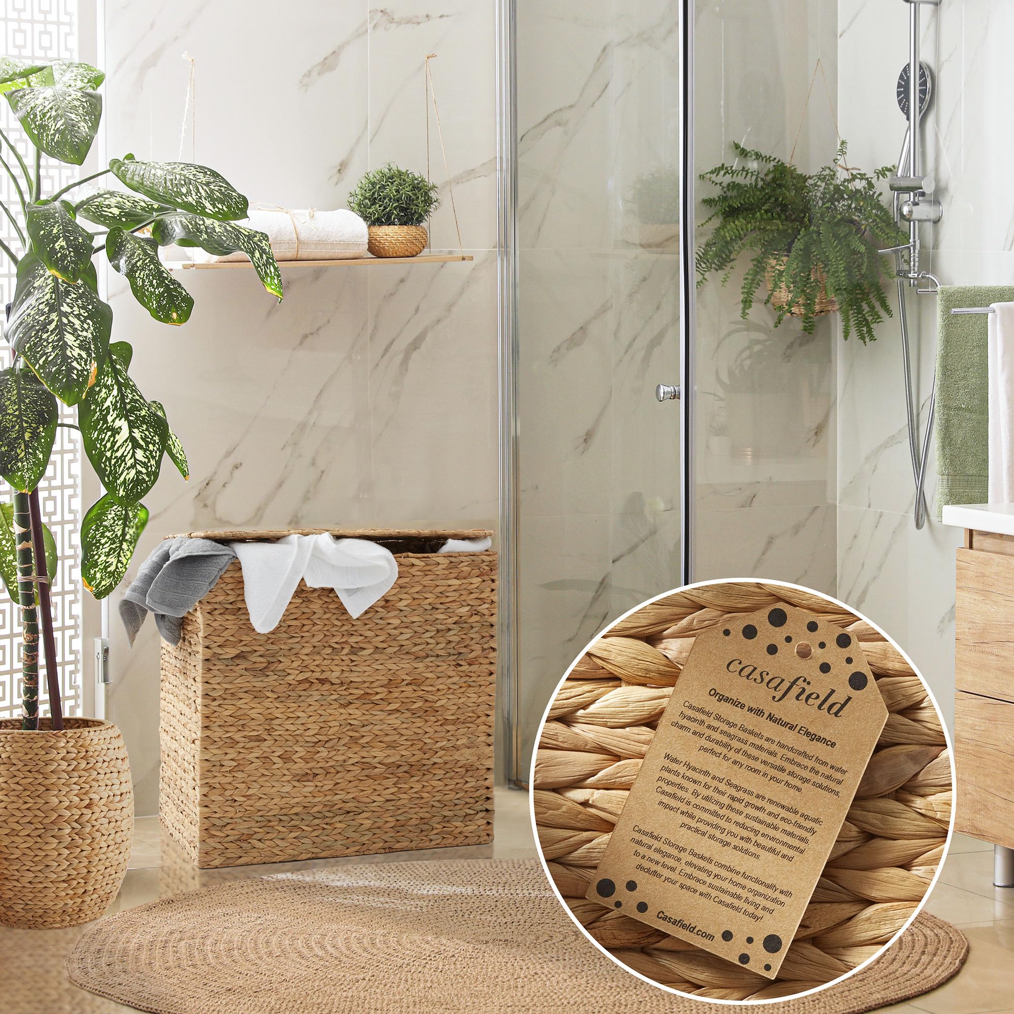 Casafield 2-Section Laundry Hamper with Removable Liner Bags - Natural, Woven Water Hyacinth Double Laundry Basket Sorter for Clothes and Towels