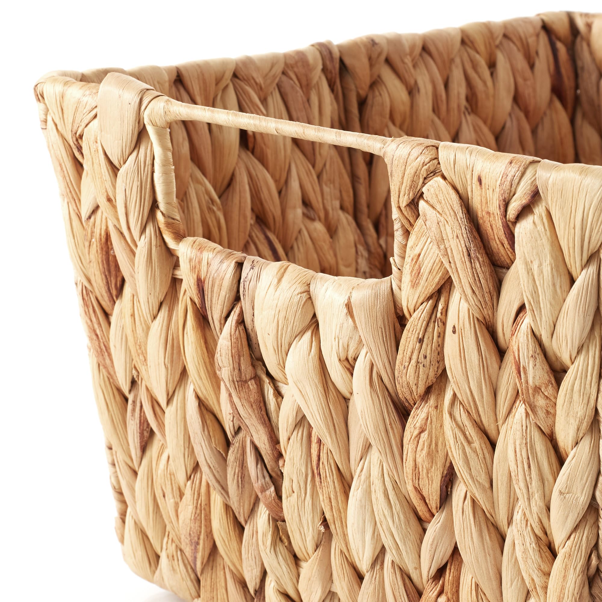 Casafield Set of 4 Water Hyacinth Storage Baskets with Handles - Natural, Woven Rectangular Storage Bins for Shelves, Blankets, Laundry Organization