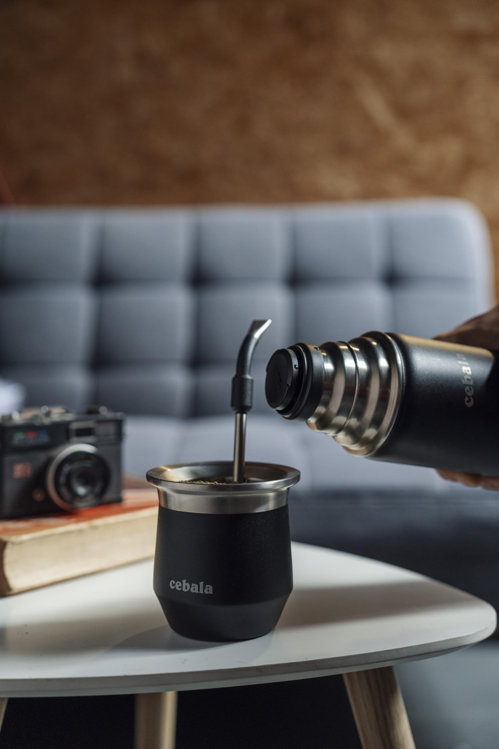 Cebala Yerba Mate Natural Gourd/Tea Cup Set (Original Mate Cup) PREMIUM QUALITY | Includes 2 Bombillas (Yerba Mate Straws to Use) & Silicon Cup & Cleaning Brush | Stainless Steel (Black)