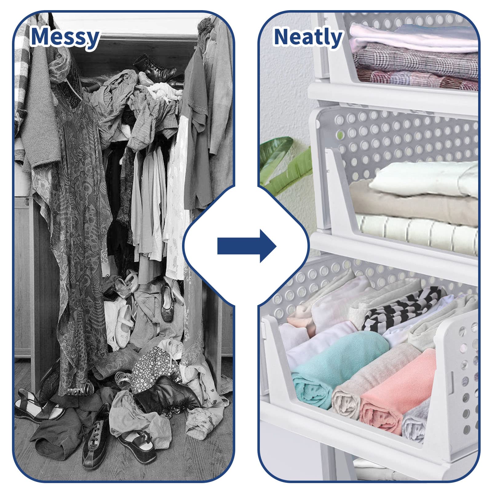 mupera Storage Drawers Clothes Stackable - White Plastic Folding Storage Plastic Bin, Push-pull Clothes Organizer Shelf, Collapsible Storage Box for Wardrobe Bathroom Kitchen Office(2 Pack L)