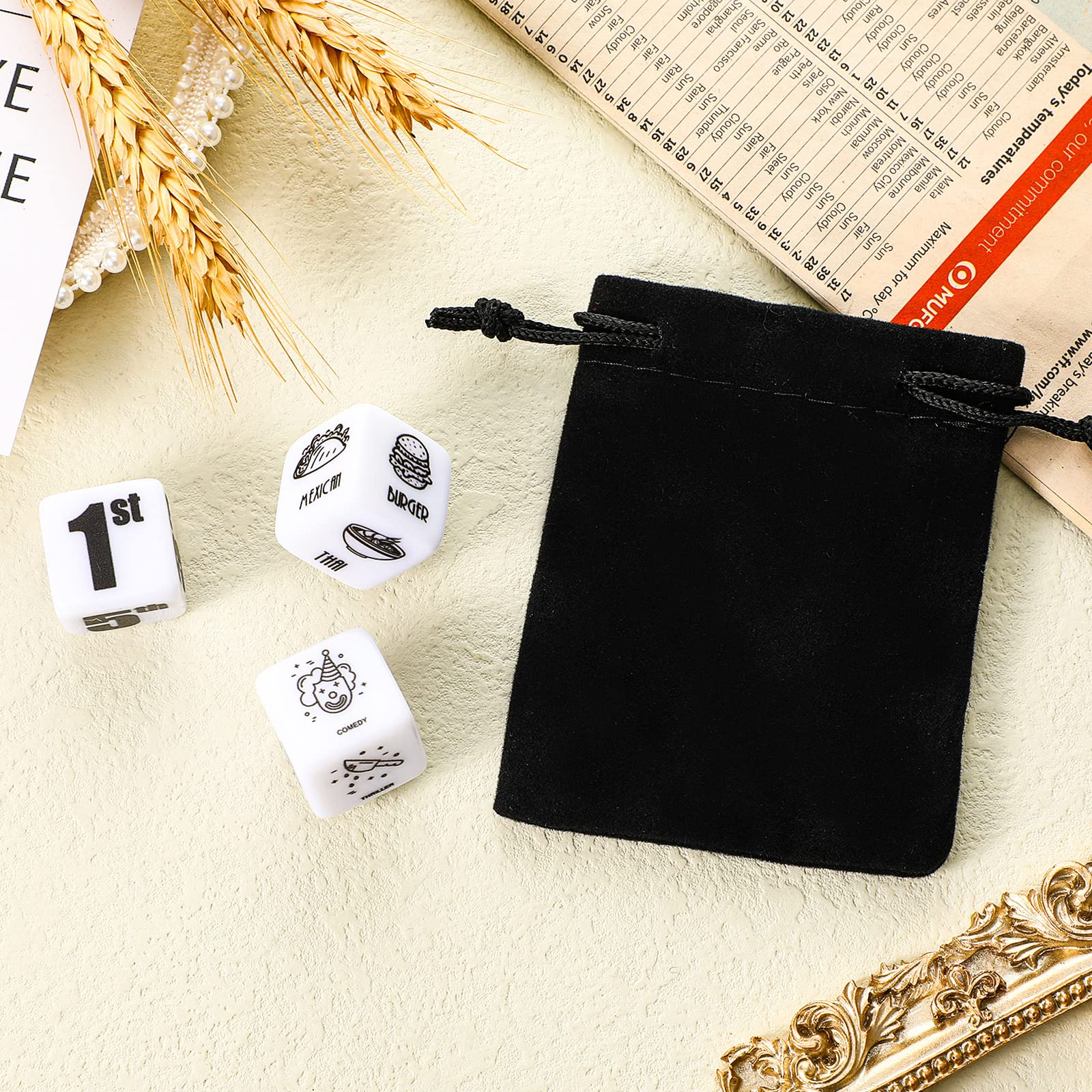 Landhoow 3 Pcs Dinner and a Movie Decider Dice Valentines Day Gifts for Him Her Decision Dice with a Black Velvet Storage Bag for Couples Games Wedding Honeymoon Anniversary Present, 0.8 Inch