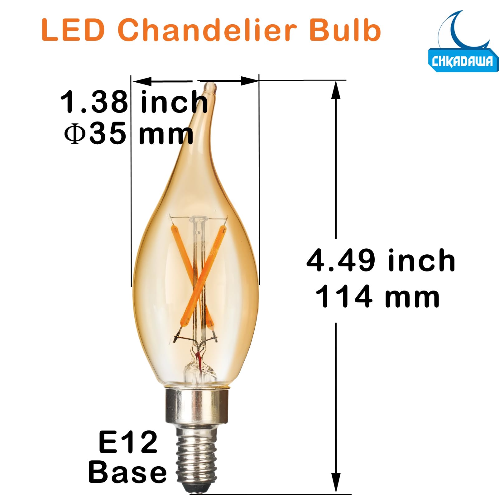 CHKADAWA 12 Pack E12 Dimmable Amber Candelabra Light Bulbs, Flame Tip 40 Watts Equivalent, Chandelier Light Bulbs CA11, Vintage Candle LED Bulb, Warm White 2200K, CRI 90+