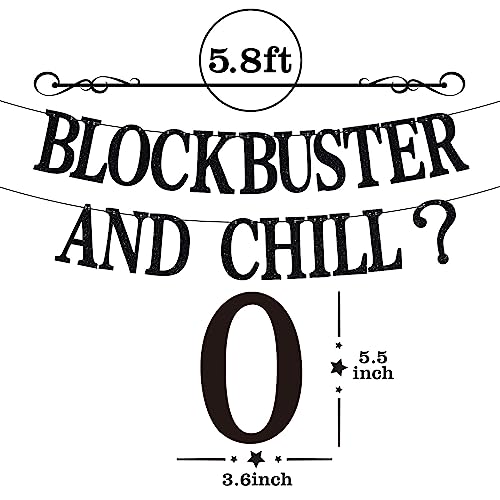 BLOCK BUSTER AND CHILL Banner, Back To 80s 90s, 80‘s 90’s Themed Birthday Party Decorations - Black Glitter