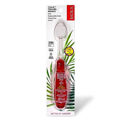 RADIUS Tour Travel Brush & Case With Replaceable Brush Head ADA Accepted Toothbrush Improve Gum Health - Red - Pack of 1
