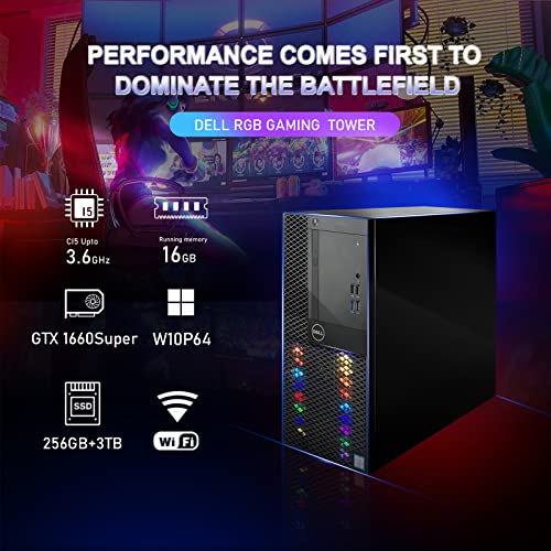 Dell Gaming PC Desktop Computer - Intel Quad I5-7500 up to 3.8GHz, GeForce GTX 1660 Super 6G, 16GB DDR4 Memory, 256G SSD + 3TB, RGB Keyboard & Mouse, WiFi & Bluetooth 5.0, Win 10 Pro (Renewed)