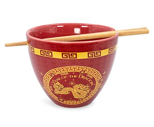 Boom Trendz Year Of The Dragon Chinese Zodiac Ceramic Set | Includes 16-Ounce Ramen Noodle Bowl and Wooden Chopsticks Asian Food Dish For Home & Kitchen Kawaii Lunar New Gifts, Red, One Size