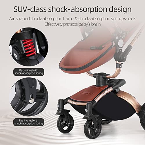 Baby Stroller Baby Carriage PU Leather Pushchair Pram, High Landscape Infant Stroller & Reversible Bassinet Pram, Foldable Newborn Stroller with Adjustable Canopy, Cup Holder, Storage Basket (A-White)