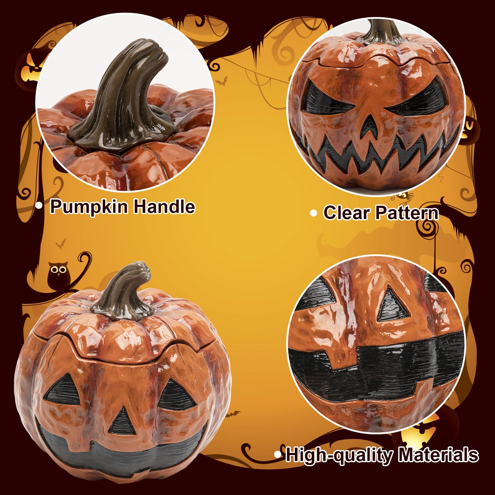 Bechivie Halloween Cookie Jar With Lid, 7.3x7inchs Resin Fall Thanksgiving Pumpkin Candy Bowl Dish With Double Sided Face, Small Halloween Food Snack Storage Containers