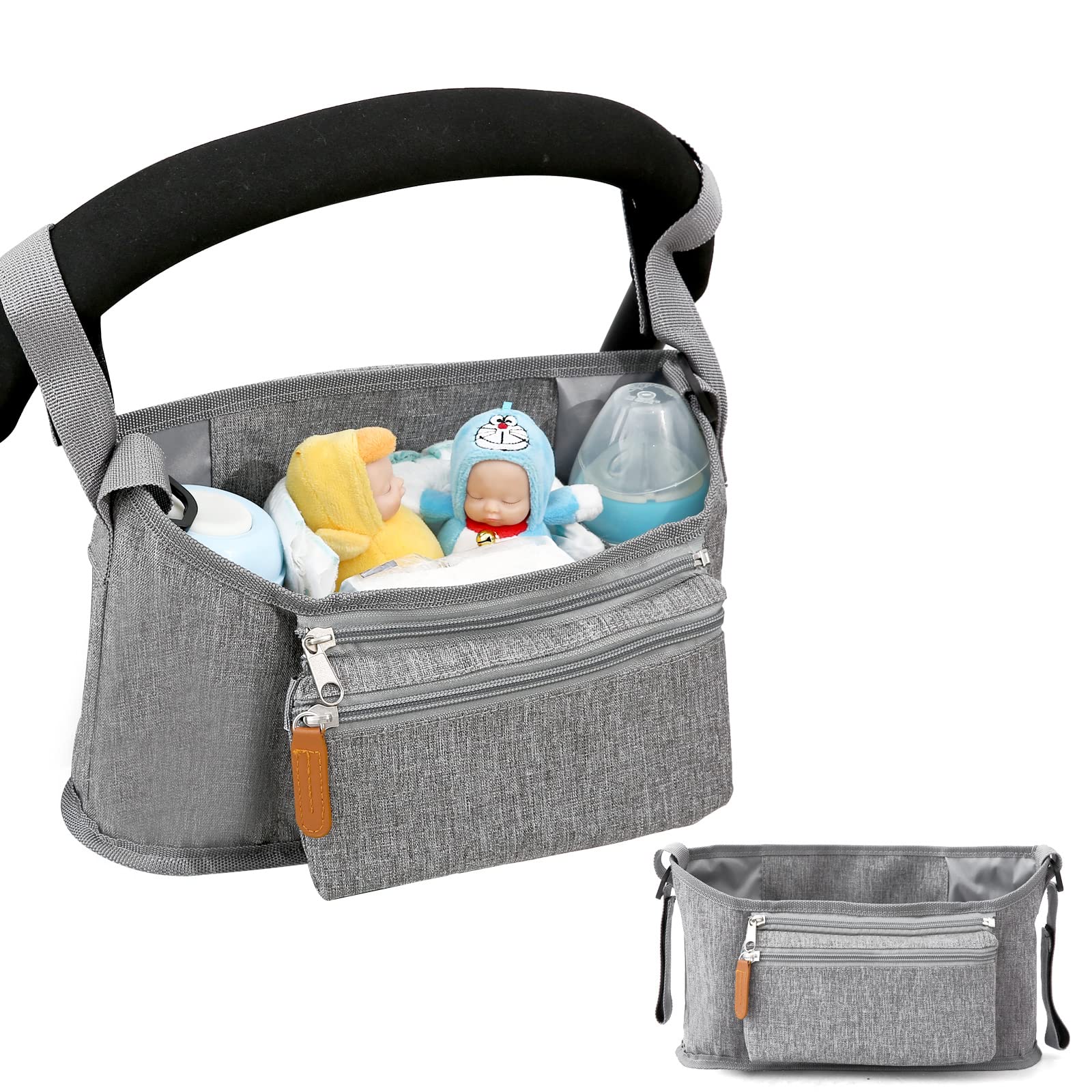 Baby Stroller Diaper Caddy Organizer for Baby Storage On the Go with Muti Pockets, Non-Slip Stroller Hooks and Adjustable Strap, Gray