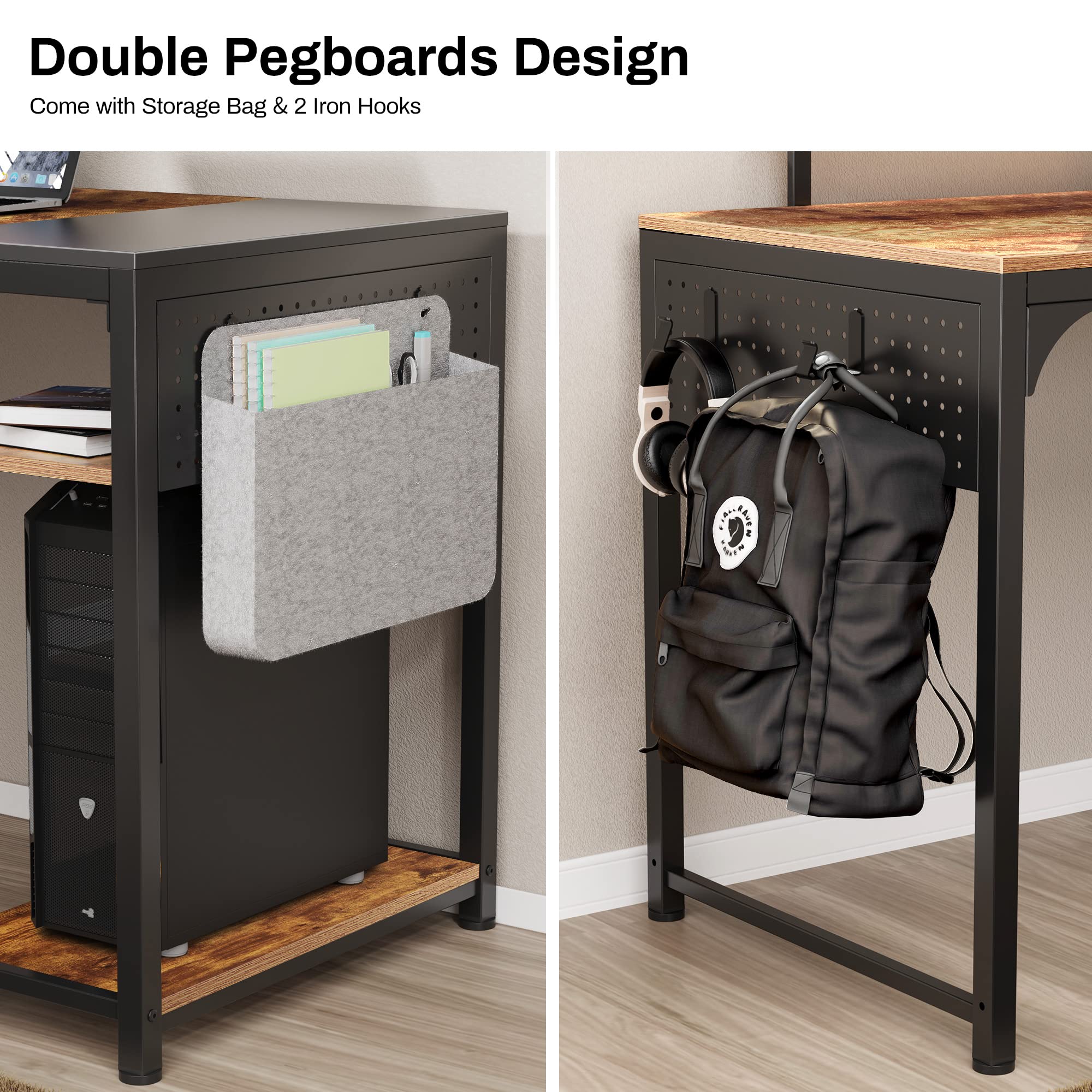 DESIGNA 55 Inch Home Office Computer Desk with Monitor Stand Storage Shelves, Study Writing Moder PC Computer Gaming Desk Large Workstation with 2 Hooks & Storage Bag,Easy Assembly,Rustic Brown/Black