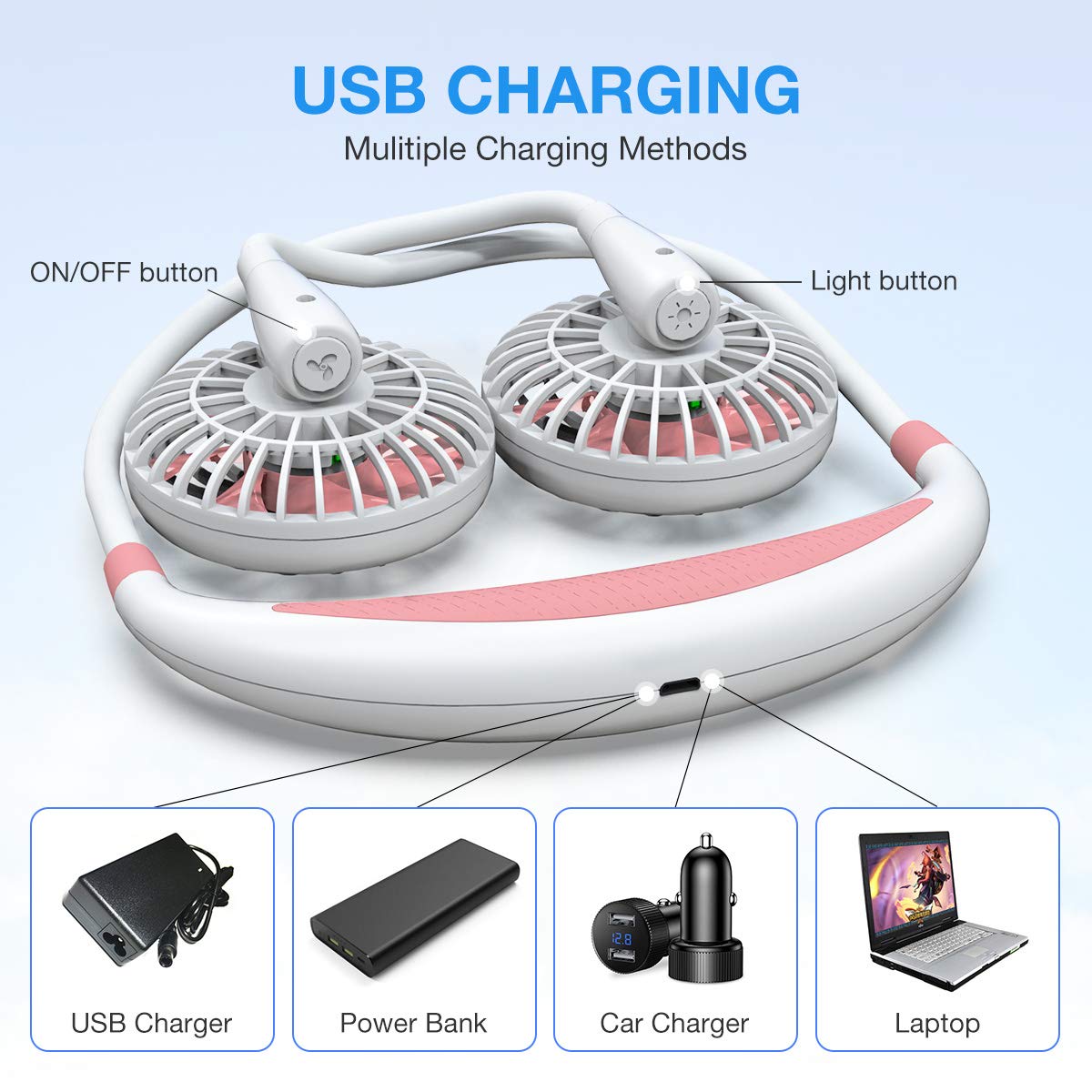 GIM Portable Hanging Neck Fan, 2000mah 3.5-9.5 Hours USB Rechargeable Personal Fan with 3 Level Air Flow 7 LED lights for Home, Office, Travel,Indoor, Outdoor (White&Pink)