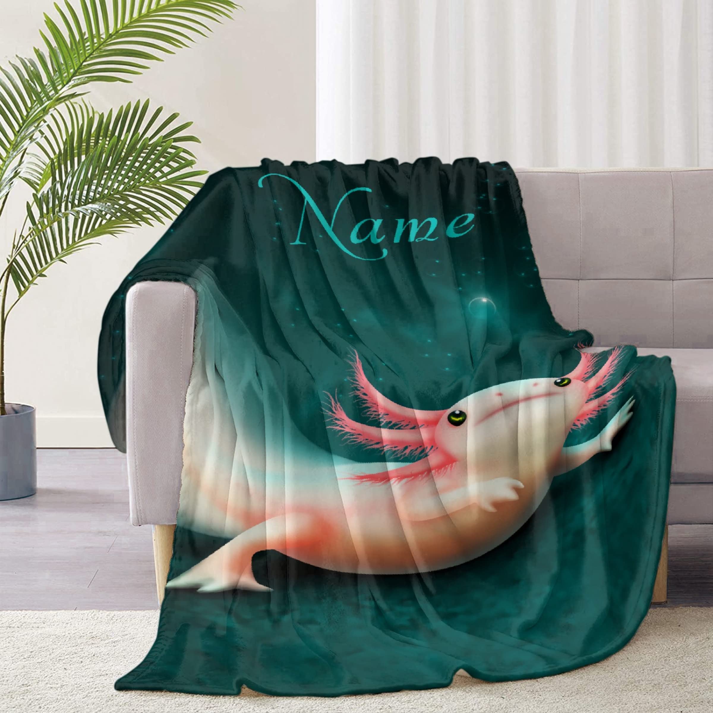 Custom Blanket with Name Text Personalized Cute Axolotl Soft Flannel Throw Blanket for Boys Girls Child Funny Gifts 60"x50"for Teenager