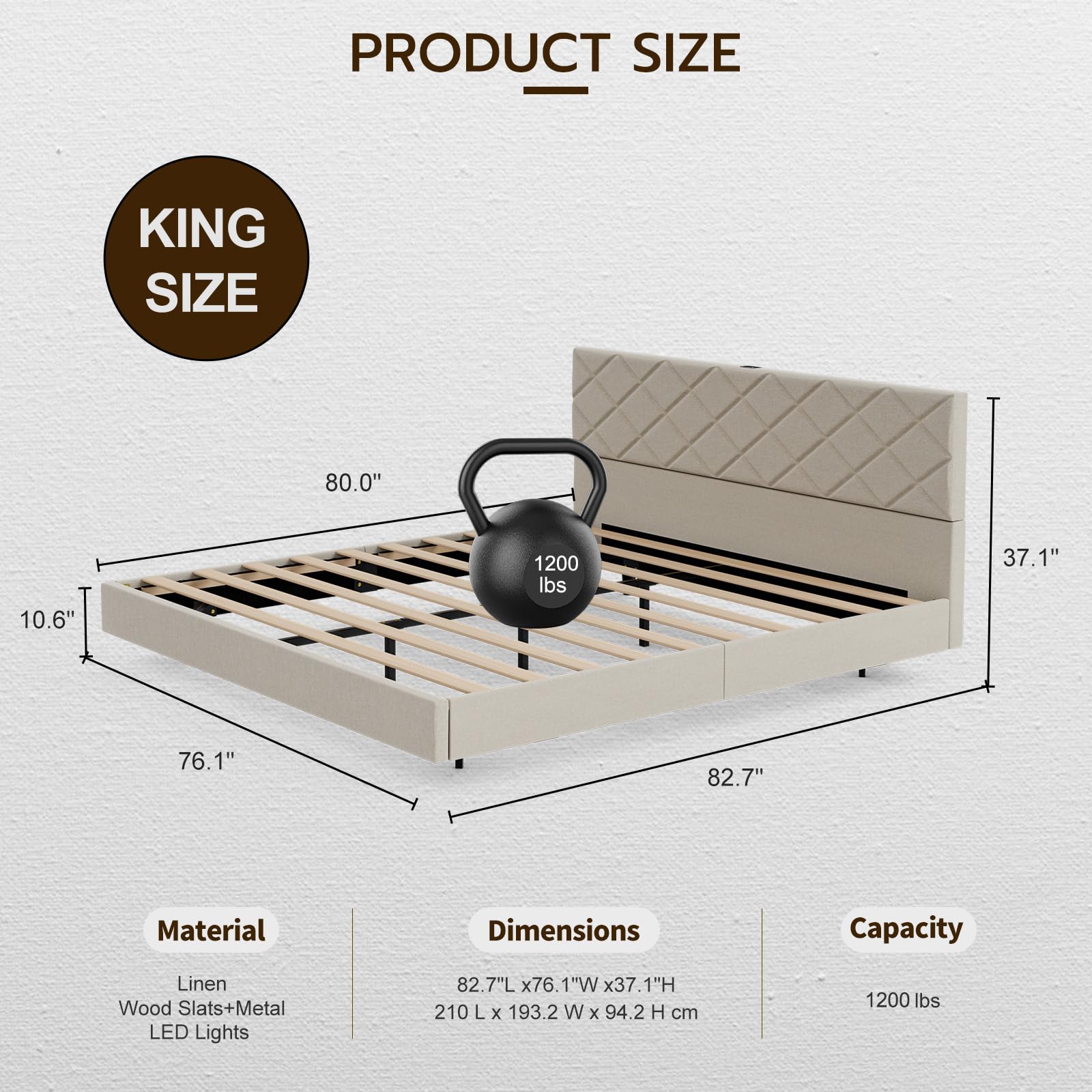 IKIFLY Floating Bed Frame Full Size with 2 USB Ports - Modern Upholstered Linen Full Platform Bed with LED Lights, No Box Spring Needed, Solid Wood Slats, Easy Assembly - Beige