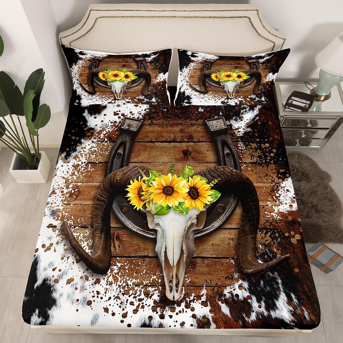 Castle Fairy Bull Head Cowhide Bed Sheet Set for Kids Boys Adults,Rustic Horseshoe Western Tropical Sunflowers Cow Print Fitted Sheet Set Queen 3 Pcs,Western Farmhouse Style Soft Microfiber Sheet Set