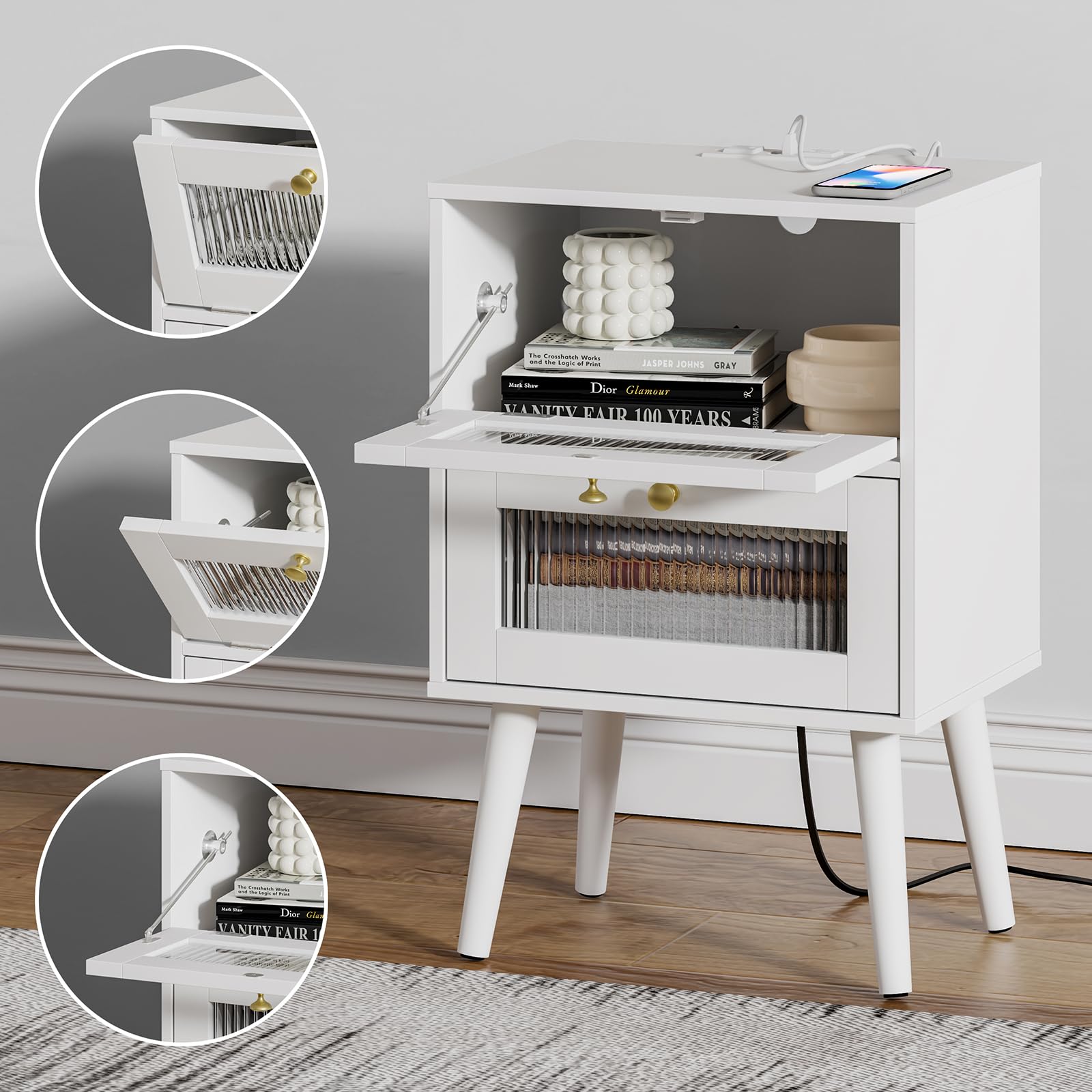 Lomojo Night Stand Set of 2, Nightstand with Charging Station, Mid Century Modern Bedside Table with Glass Decorative Drawer,2 Tiers End Table Side Table with Solid Wood Feet White (Modern, 2)