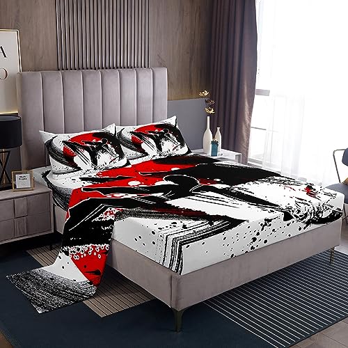 Castle Fairy Kungfu Sheet Set,Kids Ink Tie-dye Bed Sheets Set,Black and Red Bedding Set for Boys Teens Sheets Soft Room Decor Twin Size(1 Flat Sheet+1 Fitted Sheet+1 Pillowcase)