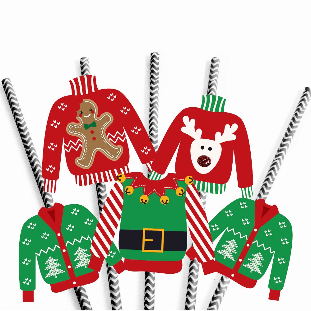 Big Dot of Happiness Ugly Sweater Paper Straw Decor - Holiday and Christmas Party Striped Decorative Straws - Set of 24
