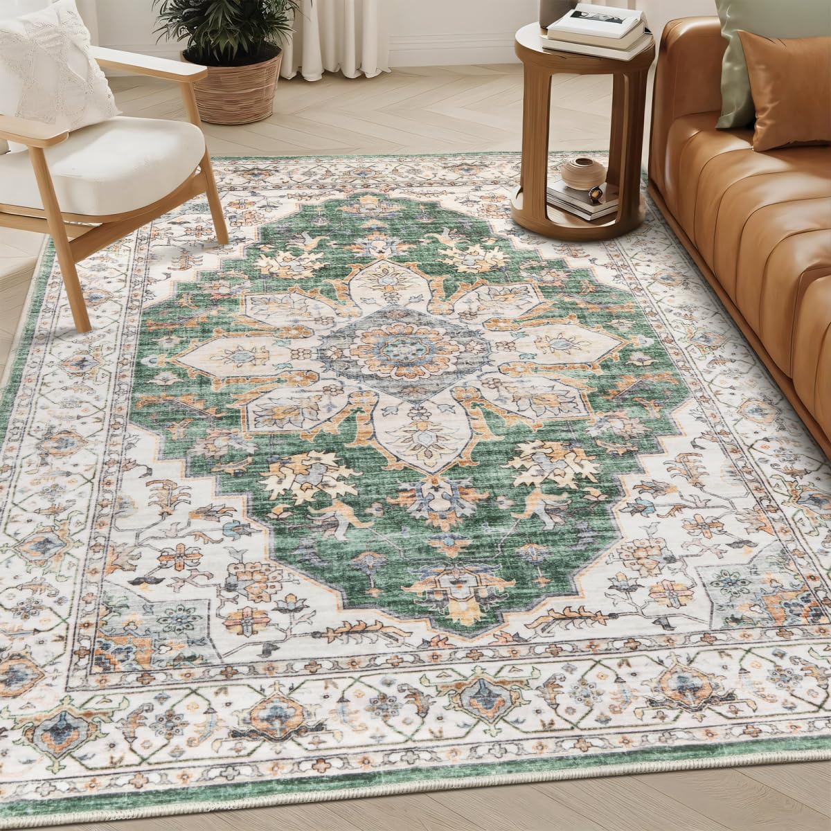 Boho Green 5x7 Area Rugs, Ultra-Thin Washable Living Room Rug Soft Non-Slip Bedroom Rug Vintage Oriental Low-Pile Throw Indoor Carpet for Dining Room Playroom Office Home Décor