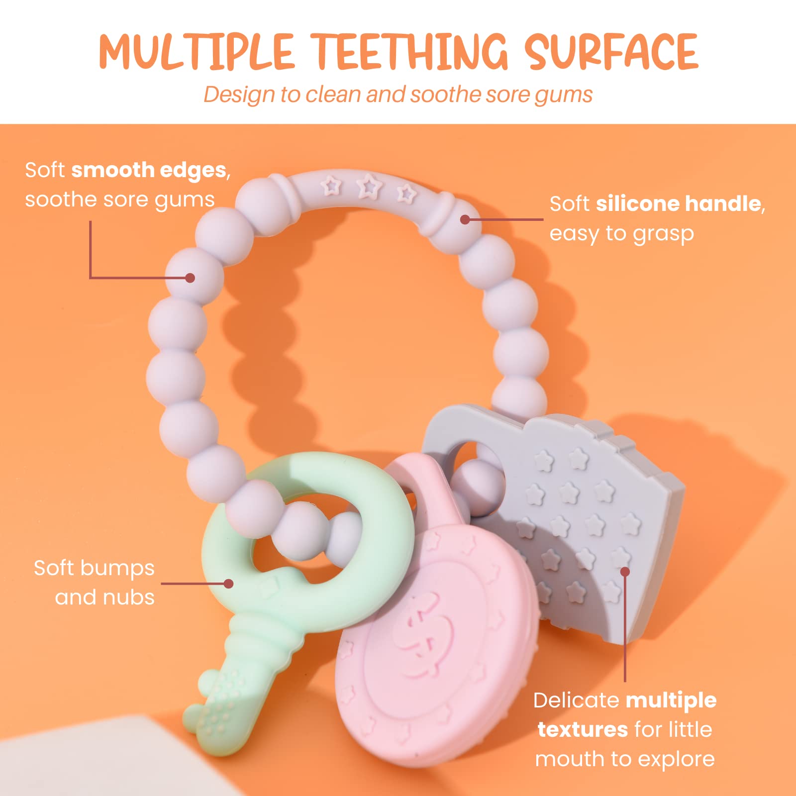 Baby Teething Toys, Silicone Chewable Teethers with Wooden Ring for Soothing Babies Gums, Shower Gift for lnfants & Toddlers, 3+ Months (Ring-Key 1)