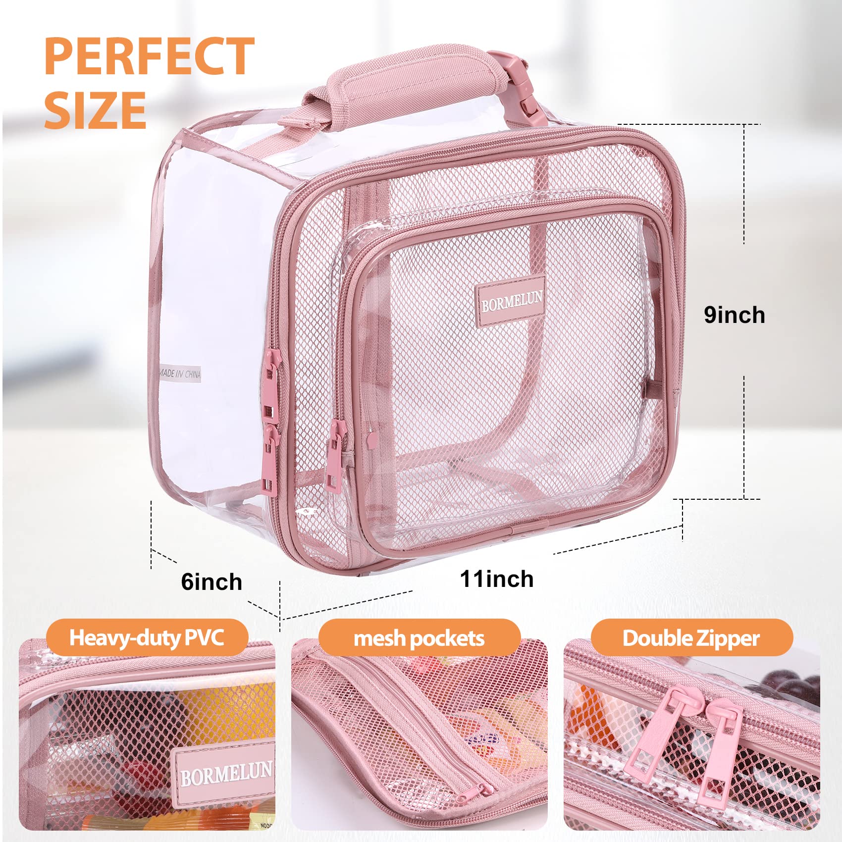 BORMELUN ® Large Pink Clear Lunch Bags for Girls,See Through Plastic Lunch Box,Tote Handle for Women,Office,School Picnic(11x9x6 inches)