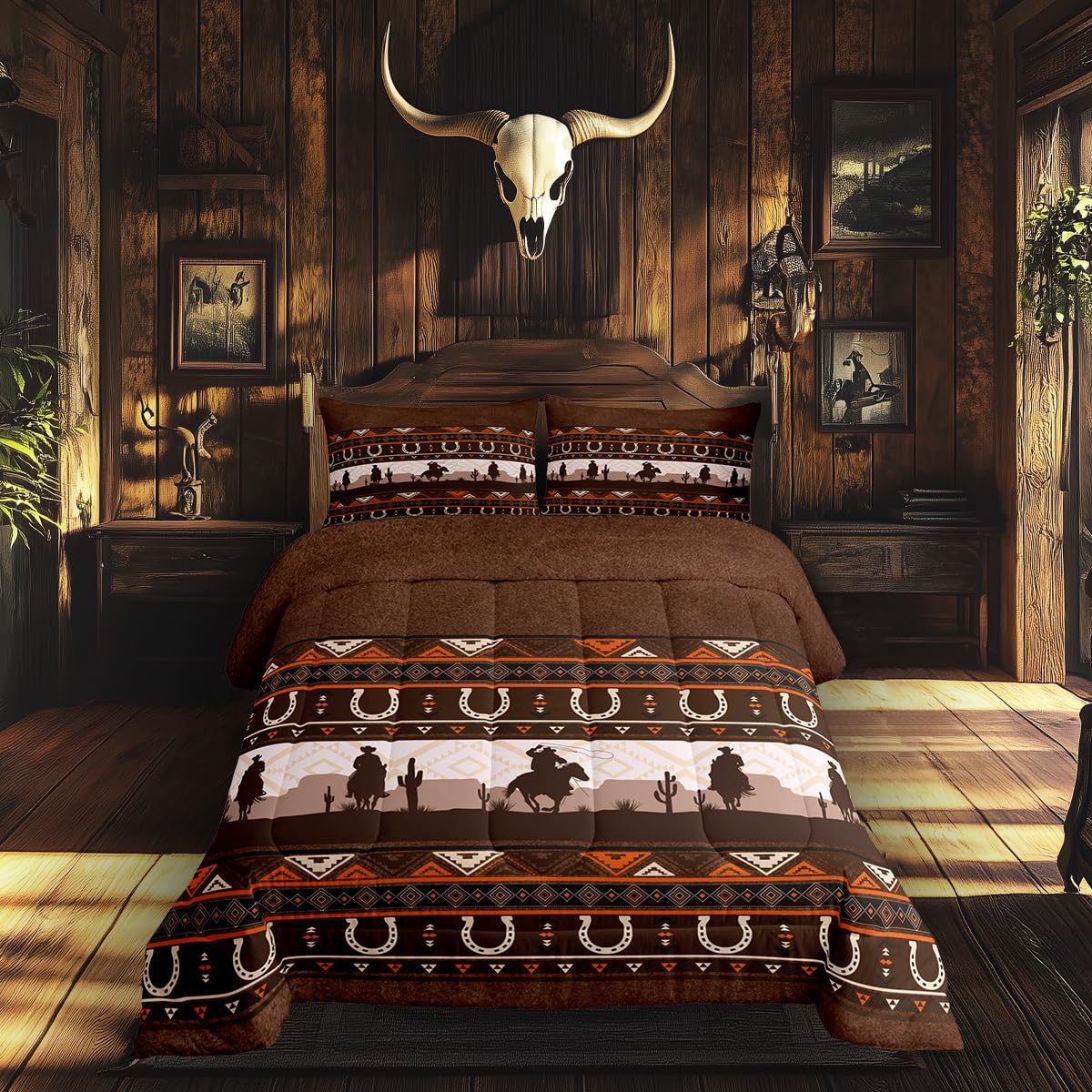 Castle Fairy Western Cowboy Horseshoe Comforter Set,Vintage Farmhouse Wooden Bedding Set Kids Teens Modern Decor,Brown Bohemian Exotic Comforter with 1 Pillowcase for All Seasons,Twin
