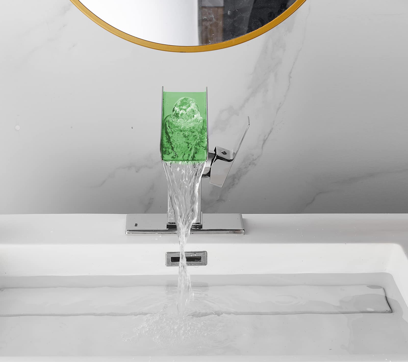 Chrome Bathroom Sink Faucet One Hole LED Waterfall Spout RGB 3 Colors Light Changing Lavatory Vanity Faucets Brass Single Handle Modern Washbasin Bath Tap Include Plates to Cover Holes Residential