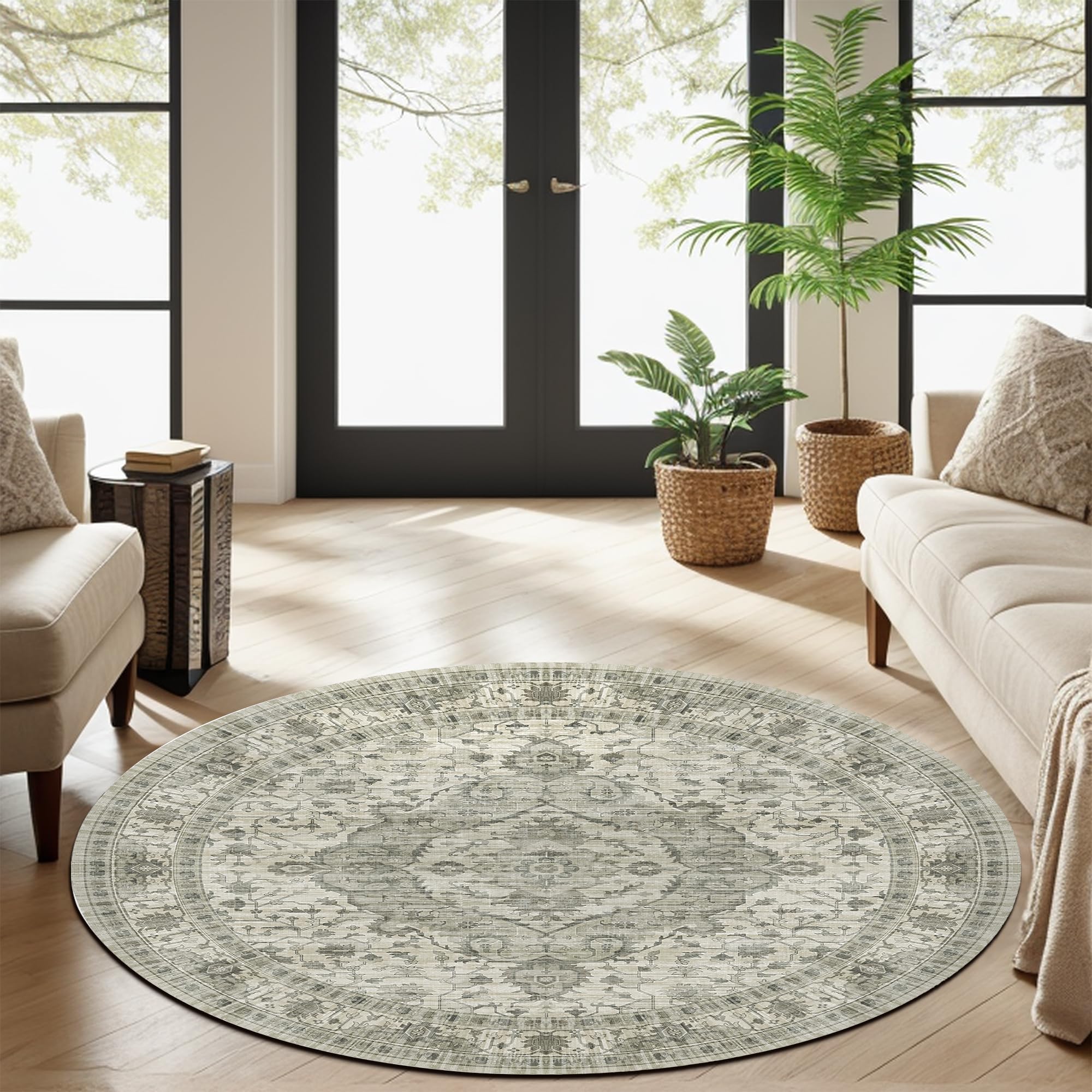 Boho Vintage Washable Round Rug 4ft- Faux Wool Non-Slip Dreely Area Rug Small Distressed Throw Rugs Floor Carpet for Entryway Bedrooms Laundry Room Decor (Round - 4' Diameter Cream)