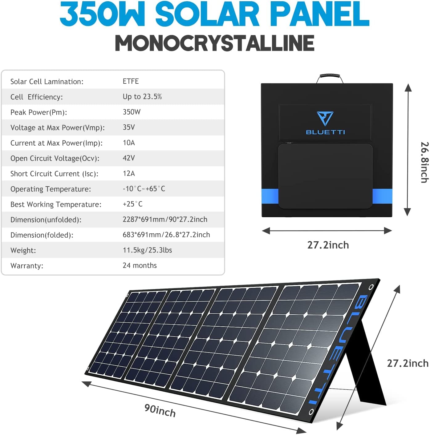 BLUETTI SP350/350W Solar Panel for AC200MAX AC200P AC300 B230 B300 EB240 Solar Generators, Foldable Portable Solar Power Supply with Adjustable Kickstand, Off Grid System for Outdoor Adventure Road