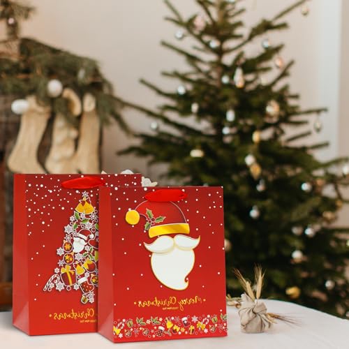 Eisyaa 10PCS Christmas Gift Bags Assorted Sizes, Paper Bags for Gift Bulk with 2 Extra Large Gift Bags, 4 Large and 4 Medium Size, Heavy Duty Red&Gold Foil Xmas gift bags (Assorted Sizes-10PCS)