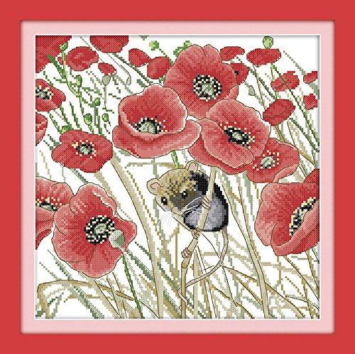 Cross Stitch Kits for Beginners Poppy & Mouse Stamped Cross-Stitch Paint Needlework DIY 14CT 2 Strands Cotton Thread Printed DIY Needlepoint Kits DMC Craft Needlework 33Ă33cm
