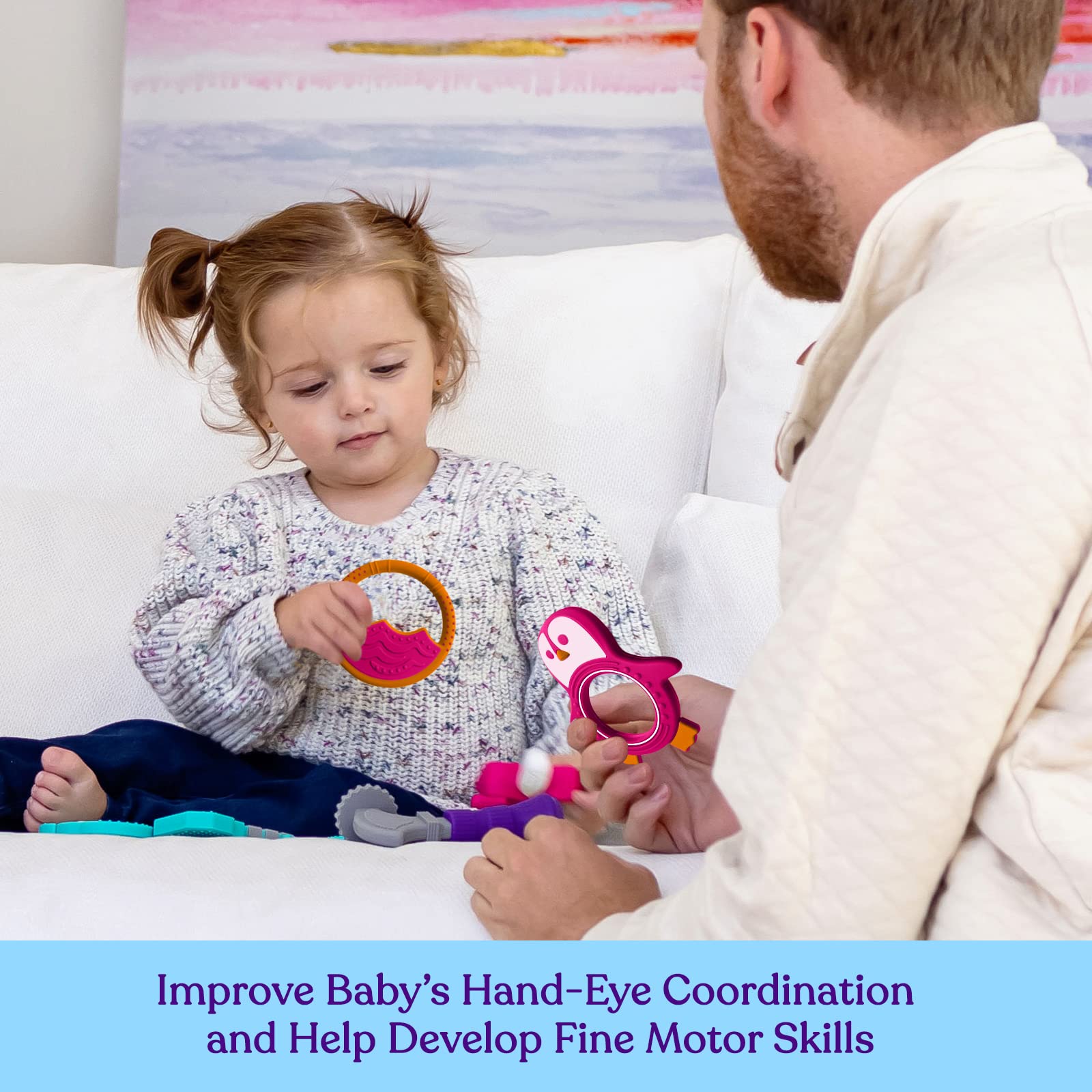 Baby Teething Toys for Newborn, Infants 0-6 Months Silicone Teethers for Babies 6-12 Months BPA Free (Penguin - Pink & Orange)