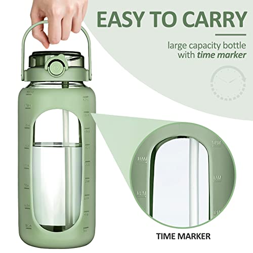 BLUEGO 64 oz Glass Water Bottles with Straw Time Marker Half Gallon Large Motivational Bottle Silicone Sleeve 2 Liter Jug for Gym, Sports& Workout, Olive