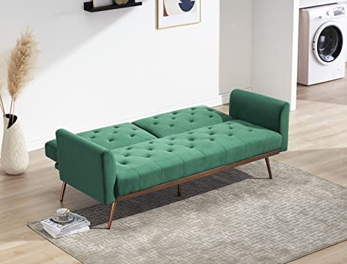 Eafurn Button Tufted Futon Bed, Modern Convertible Loveseat, Comfy Upholstered Folding Sofa & Couches with Armrest for Apartment, Compact Sofabed, Green Velvet 68.3" w/Wood Trim