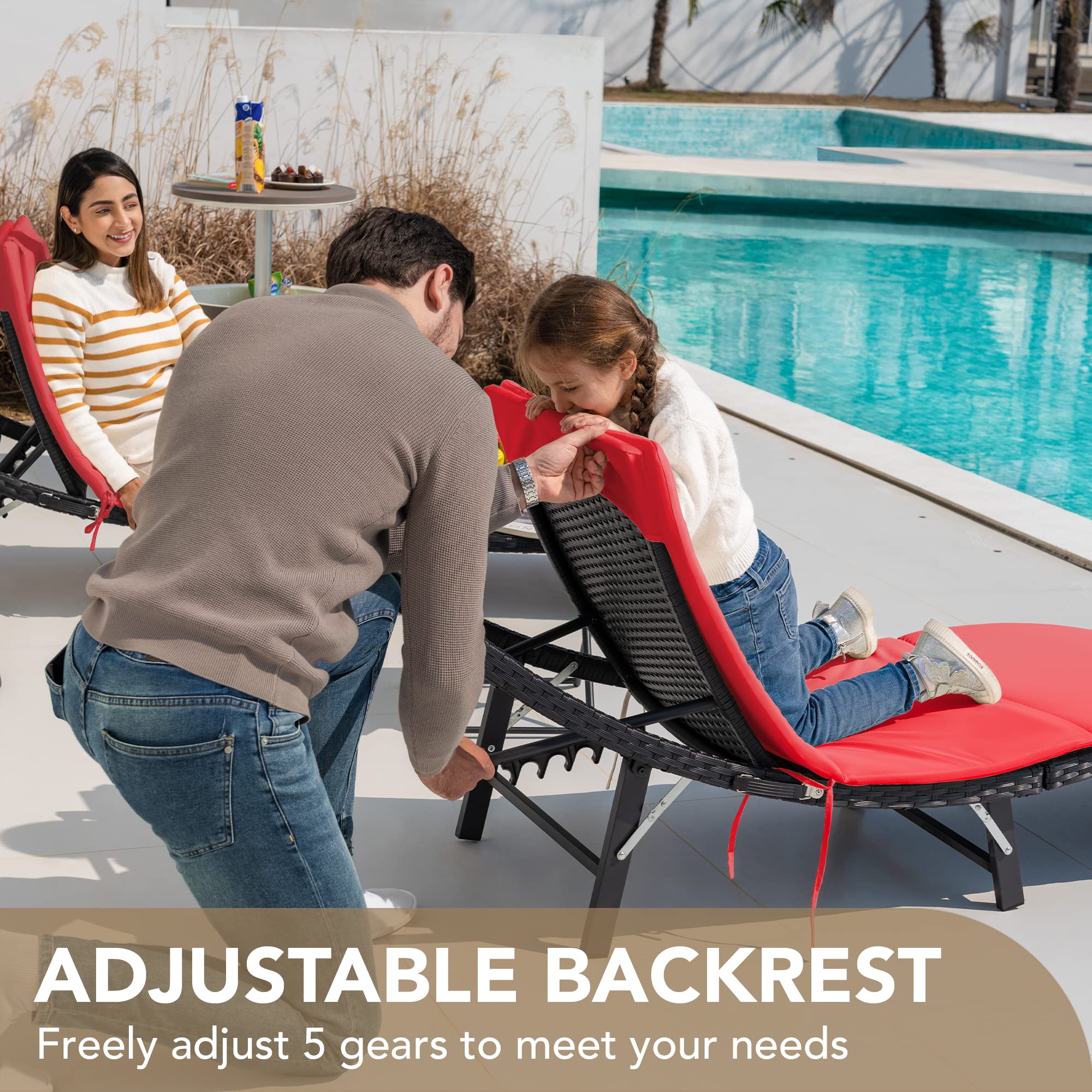 Devoko Patio Chaise Lounge Sets Outdoor Rattan Adjustable Back 3 Pieces Cushioned Patio Folding Chaise Lounge with Folding Table (Red)
