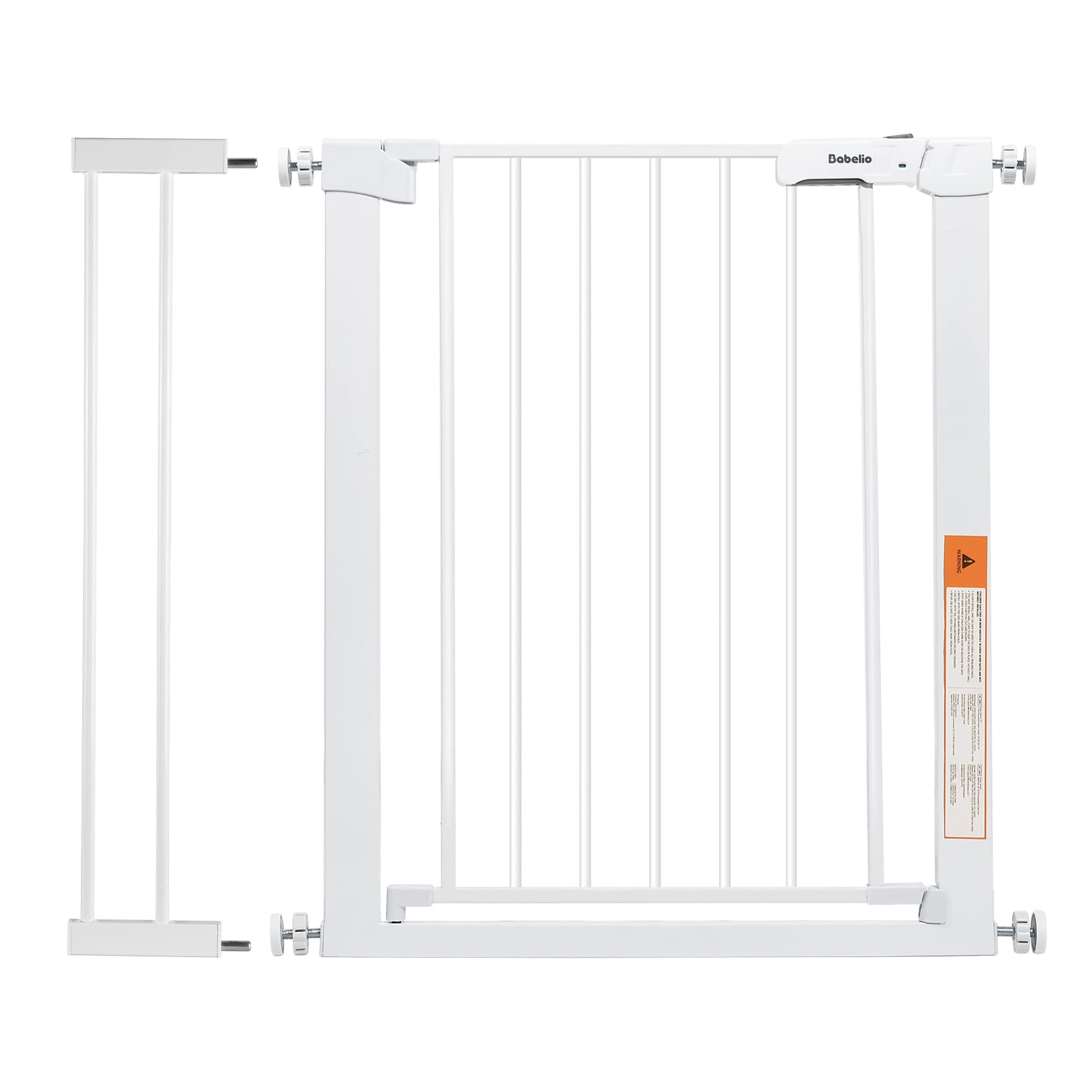 BABELIO 26-34.5 Inch Easy Install Narrow Pressure Mounted Metal Baby Gate, No Drilling, No Tools Required, with Wall Protectors and Extenders (White)