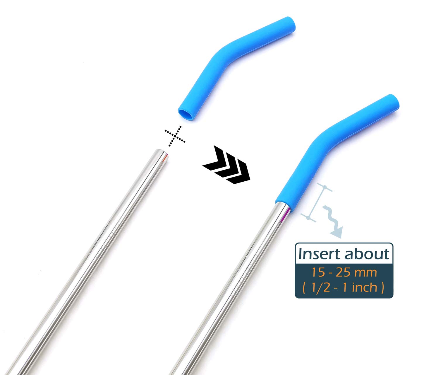 Big Drinking Straws Reusable 14.5" Extra Long 8mm Extra Wide Food-Grade 18/8 Stainless Steel Silicone Elbows Tips for Smoothie Milkshake Cocktail Juice Hot Drinks - Set of 4 + 2 Cleaning Brushes