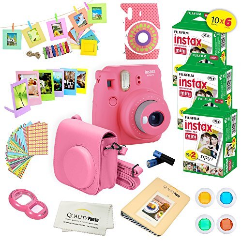 Fujifilm Instax Mini 9 Instant Camera Flamingo Pink w/ Instant Films (60 Pack) + A14 Pc Deluxe Bundle for Camera