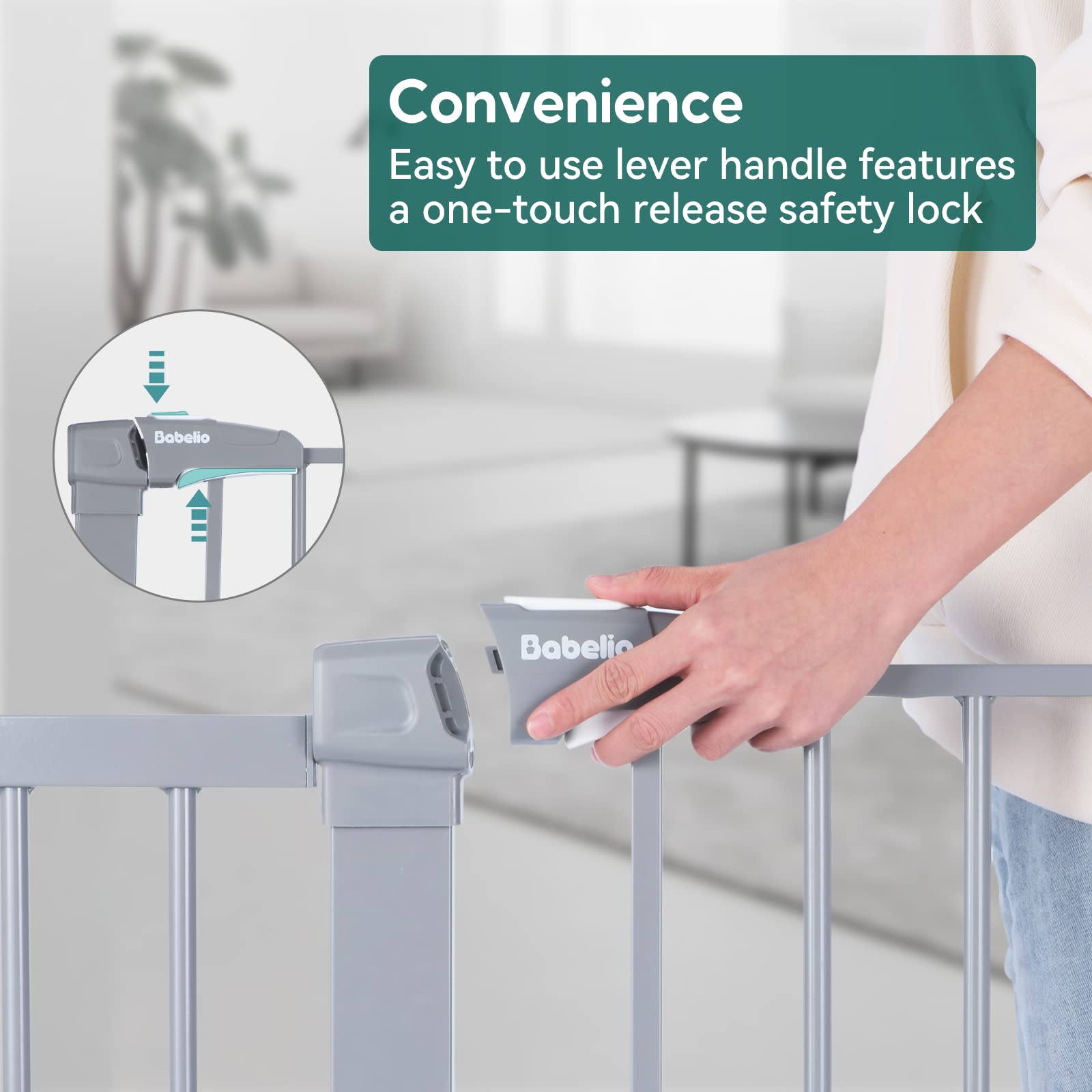 BABELIO 26-45.5 Inch Easy Install Extra Wide Pressure Mounted Metal Baby Gate, No Drilling, No Tools Required, Pet Gate with Wall Protectors and Extenders (Gray)