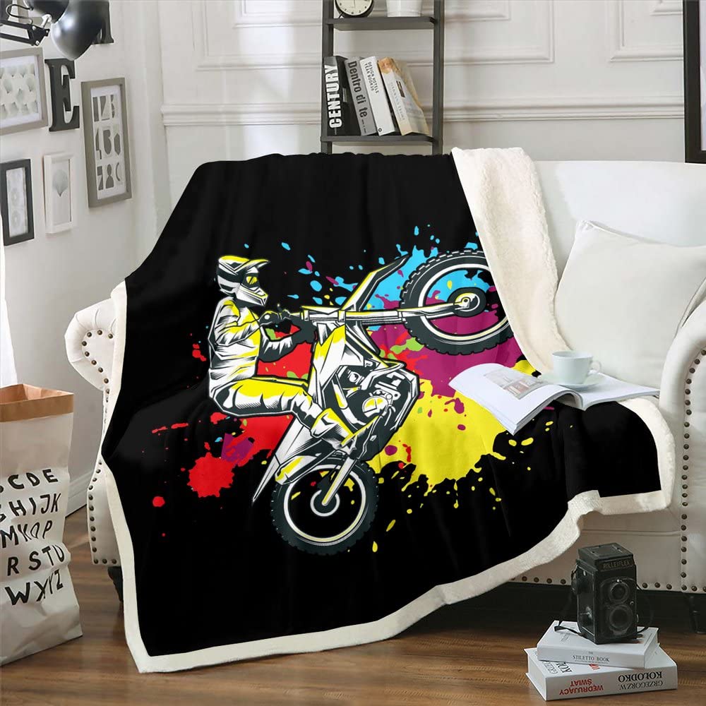 Erosebridal Dirt Bike Sherpa Blanket Queen Size,Colorful Splash Cartoon Motorcycle Plush Blanket for Boys Kids Teens Motocross Motorcyclist Blanket Colorful Rainbow Splash Paint Throw Blanket,Black