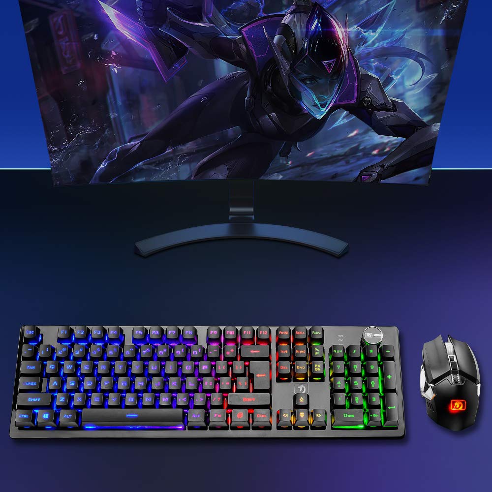 FELICON Wireless Gaming Keyboard and Mouse Set, RGB Backlit Rechargeable 4800mAh Battery, Mechanical Feel Anti-ghosting Keyboard, Control Knob for Multi-Media, Mute Gaming Mouse for Windows PC Gamer