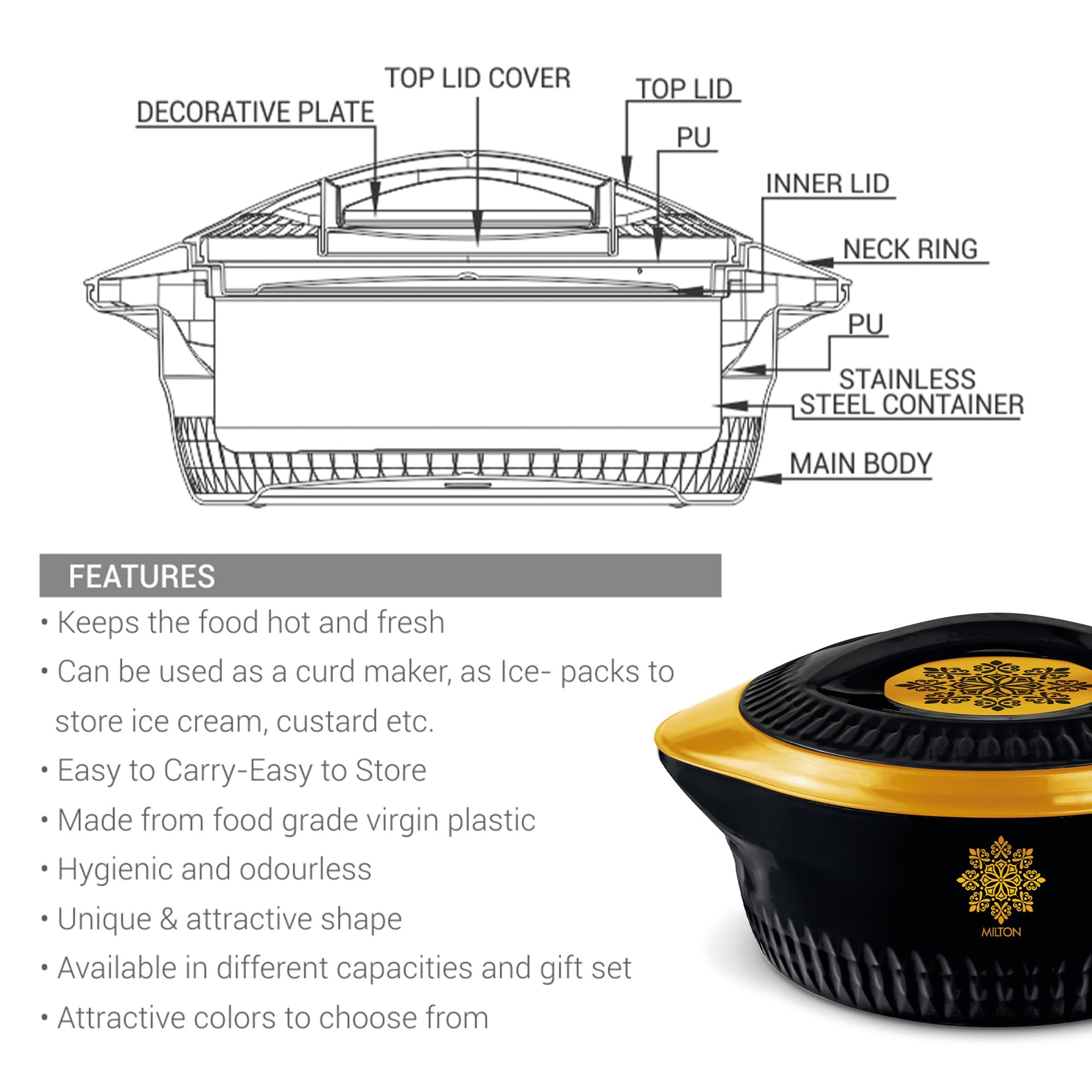 MILTON Royal 2500 Insulated Inner Stainless Steel Casserole, 2.05 Litres, Black Gold | BPA Free | Food Grade | Hot & Cold